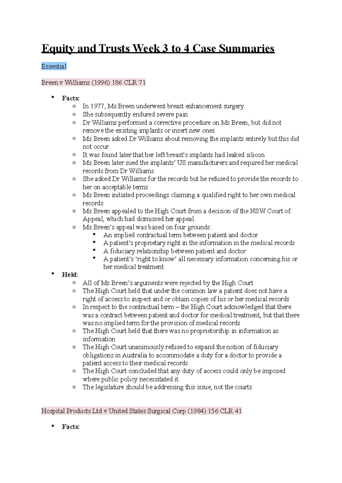 Equity and Trusts Week 3 to 4 Case Summaries - Equity and Trusts Week 3 ...