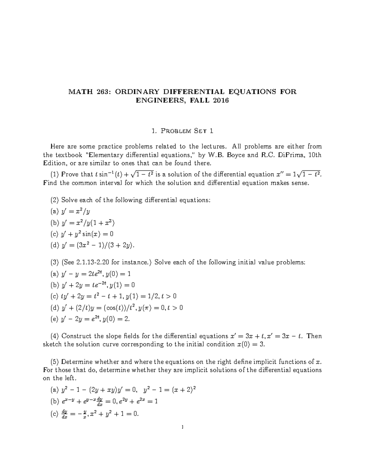 Problem set math 263 - MATH 263: ORDINARY DIFFERENTIAL EQUATIONS FOR ...