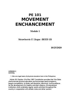 Strawberrie F. Llegue BEED 1B Movement Enchancement PE 101 Module 2 - PE 101 MOVEMENT ...