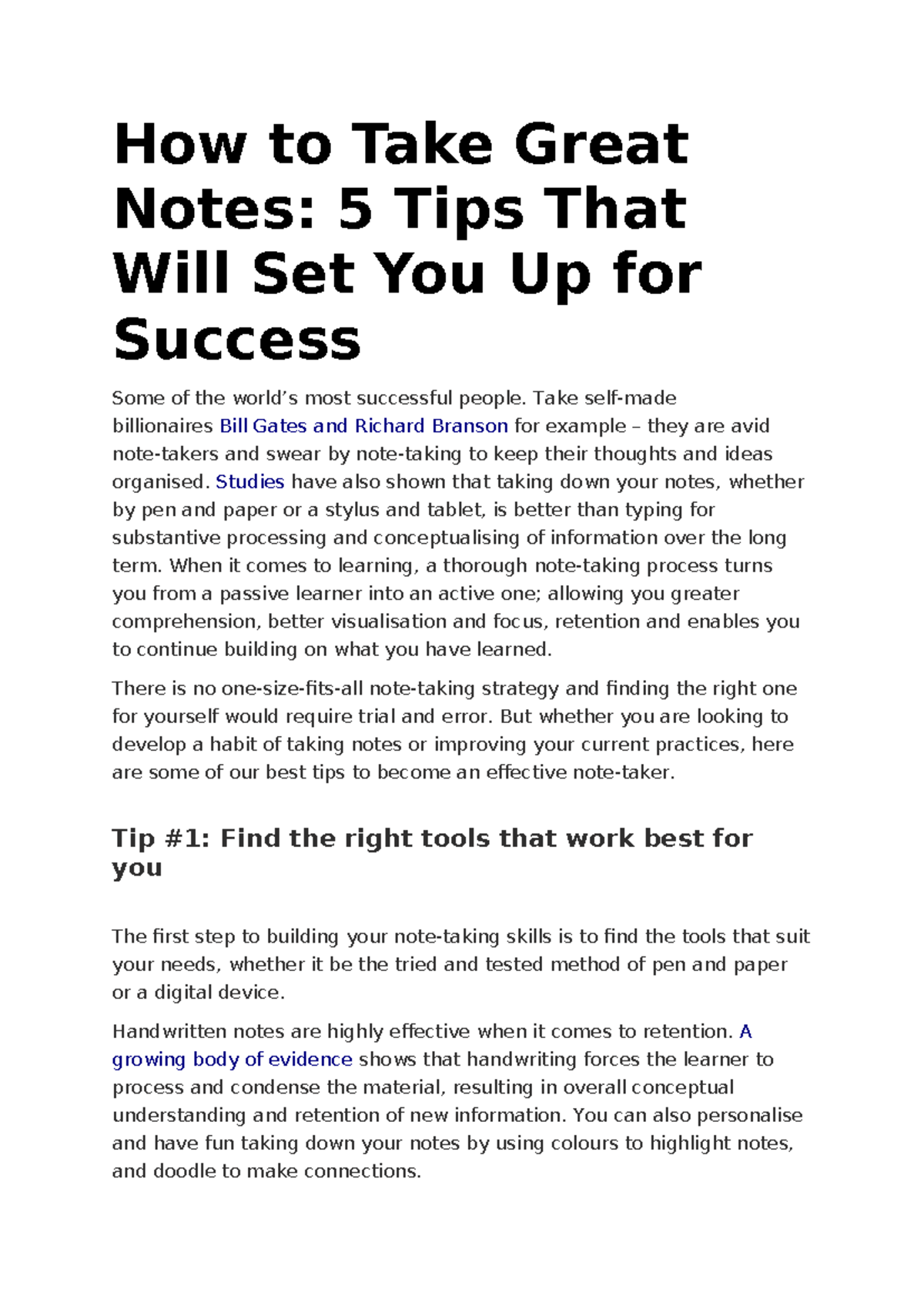 How to Take Great Notes - About how to do well at school and transition ...