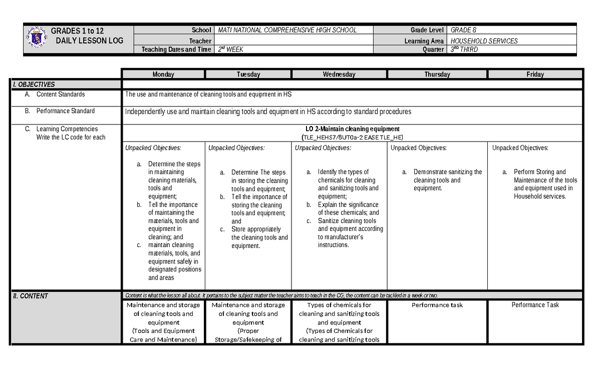 Q3 Housekeeping WEEK 2 - Guide - GRADES 1 to 12 DAILY LESSON LOG School ...