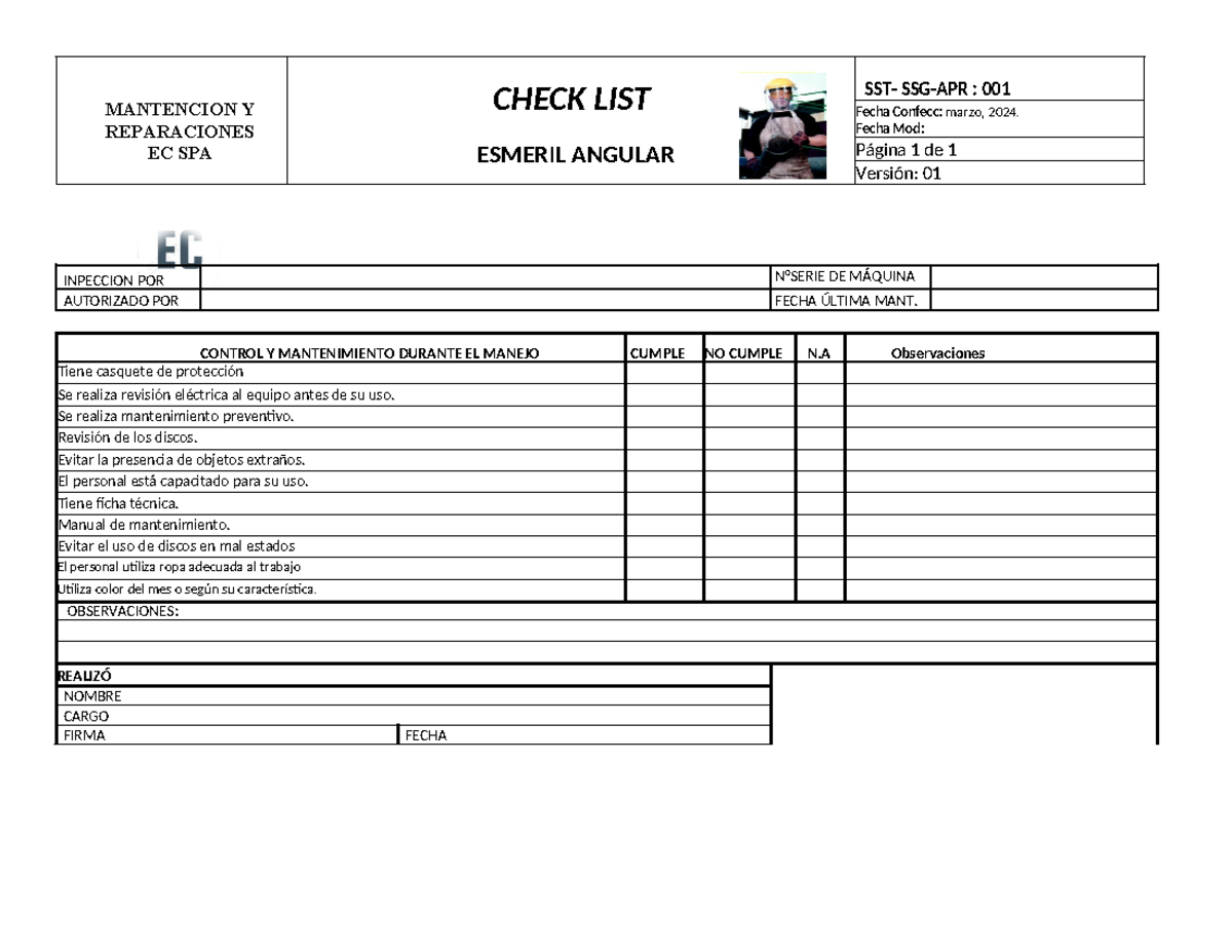 Check LIST- Esmeril - MANTENCION Y REPARACIONES EC SPA CHECK LIST ...