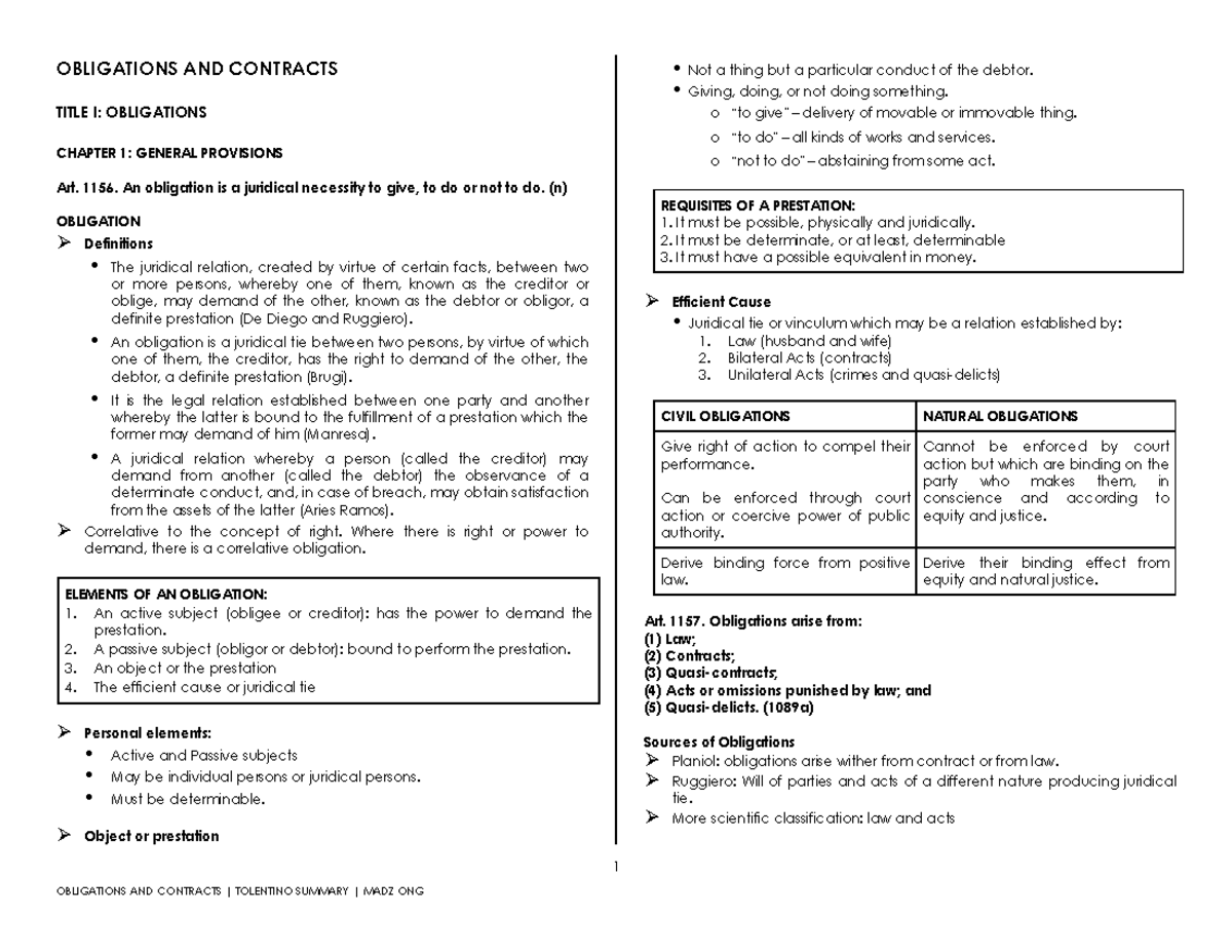 Oblicon - Tolentino Summary - 1 OBLIGATIONS AND CONTRACTS TITLE I ...