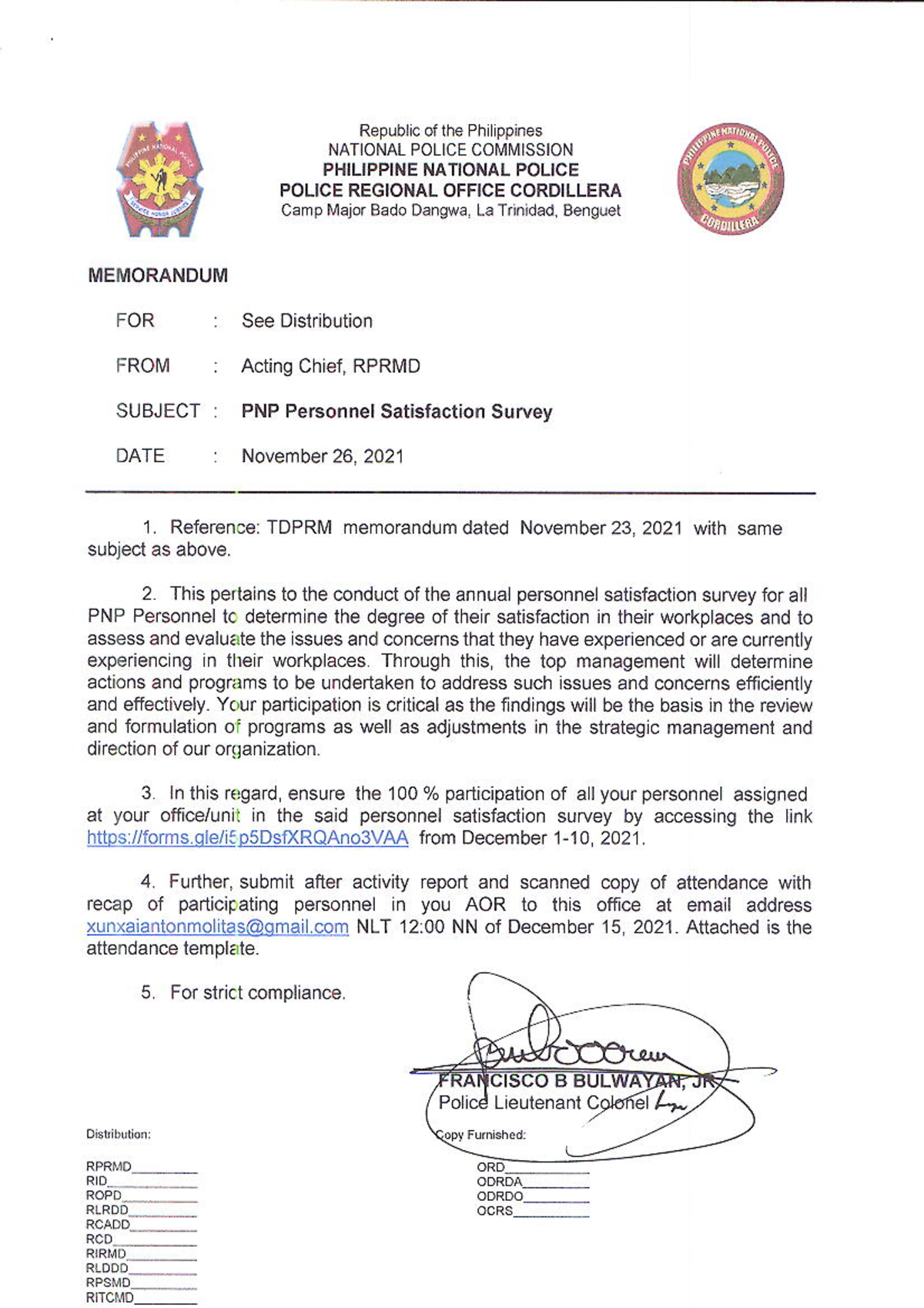 PNP Personnel Satisfaction Survey - Reference: TDPRM memorandum dated ...