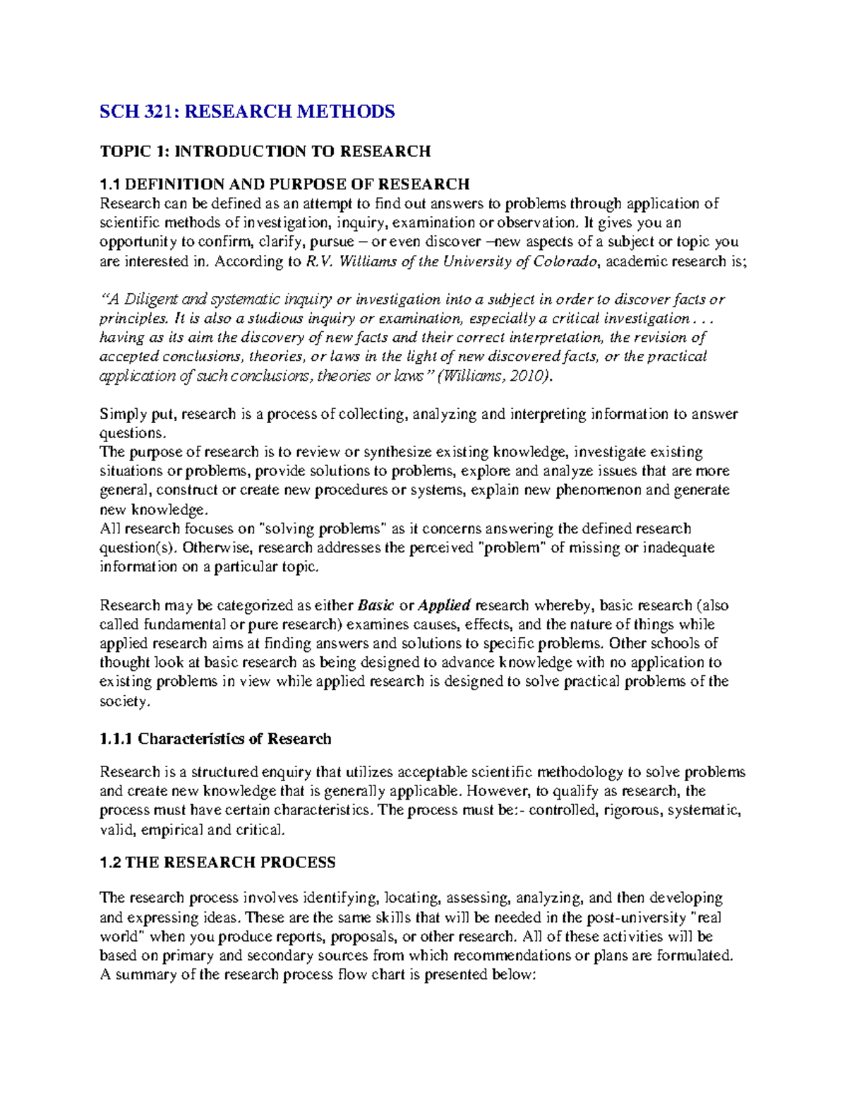 SCH 321 Notes - read - SCH 321: RESEARCH METHODS TOPIC 1: INTRODUCTION ...