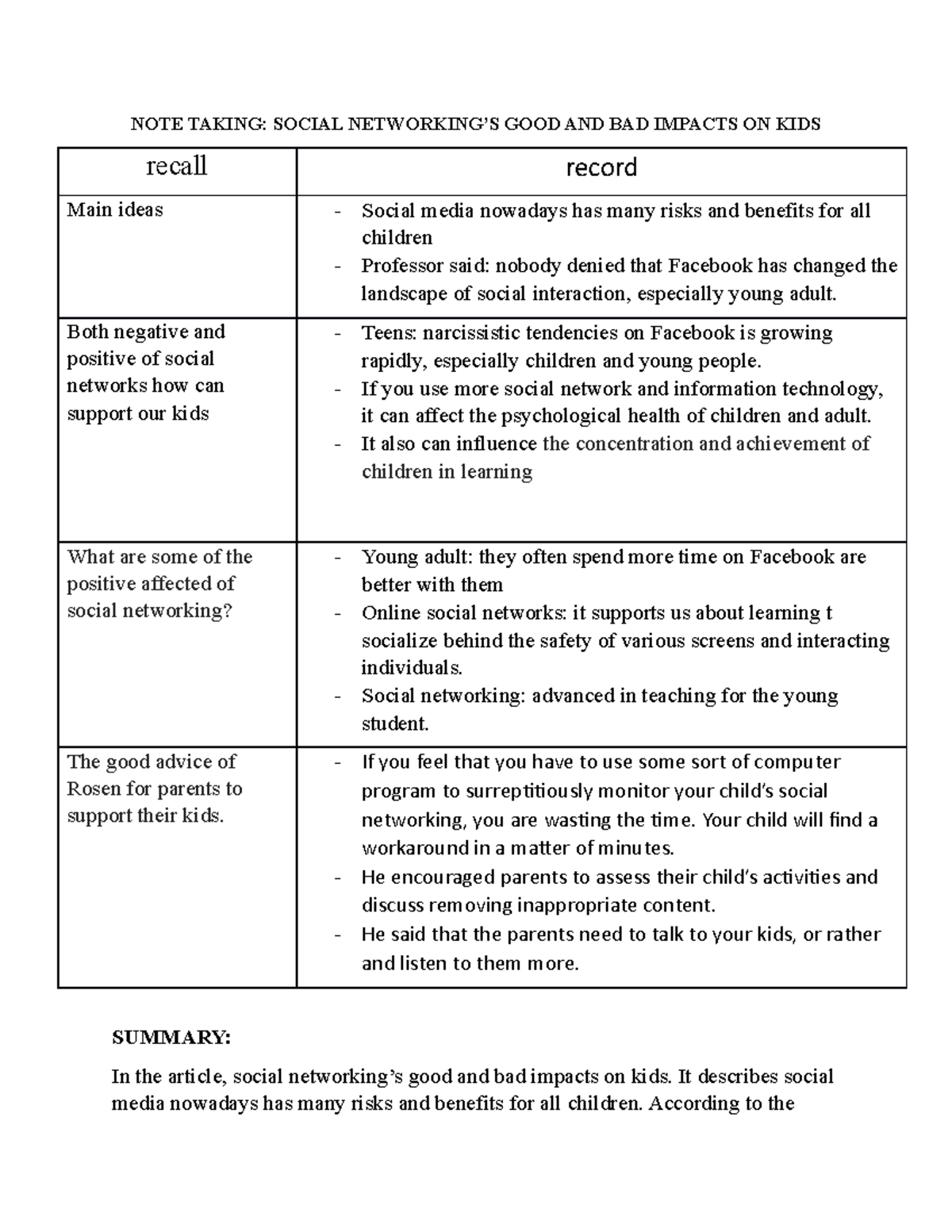 Note taking 060118 - NOTE TAKING: SOCIAL NETWORKING’S GOOD AND BAD ...