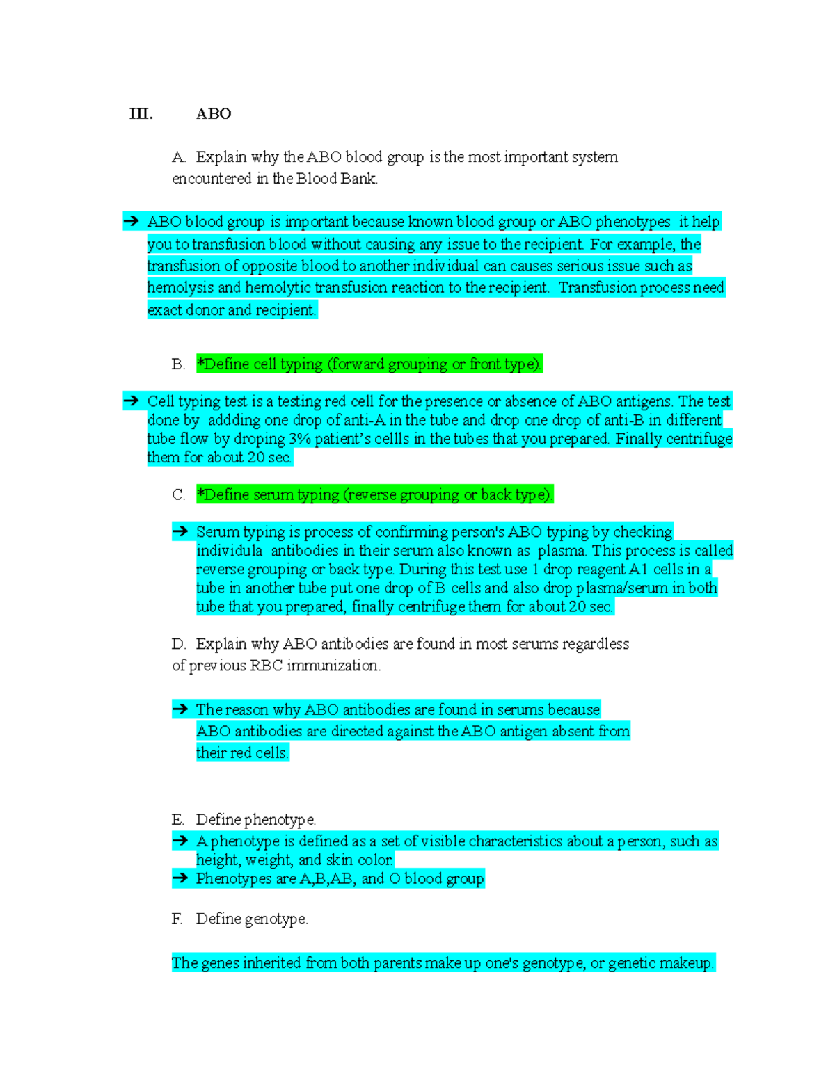 Asma's Part one III. ABO - III. ABO A. Explain why the ABO blood group ...