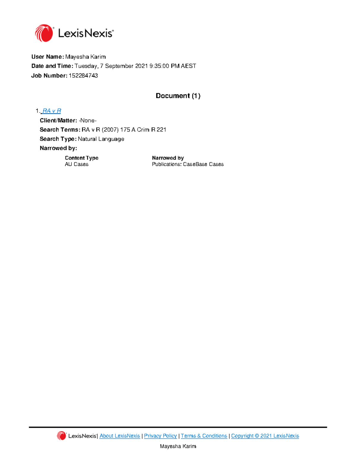 RA v R - RA v R case used for assessment 1 evidence - | About ...