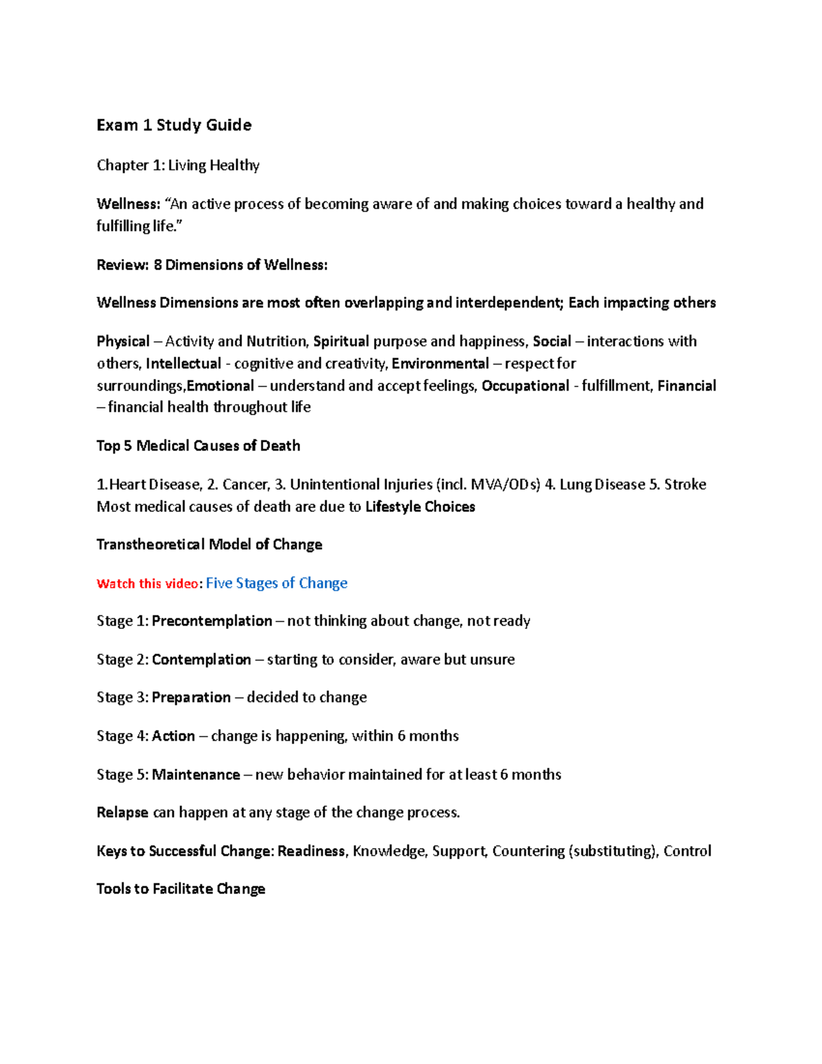 PE Notes For Chapter 1 - Exam 1 Study Guide Chapter 1: Living Healthy ...