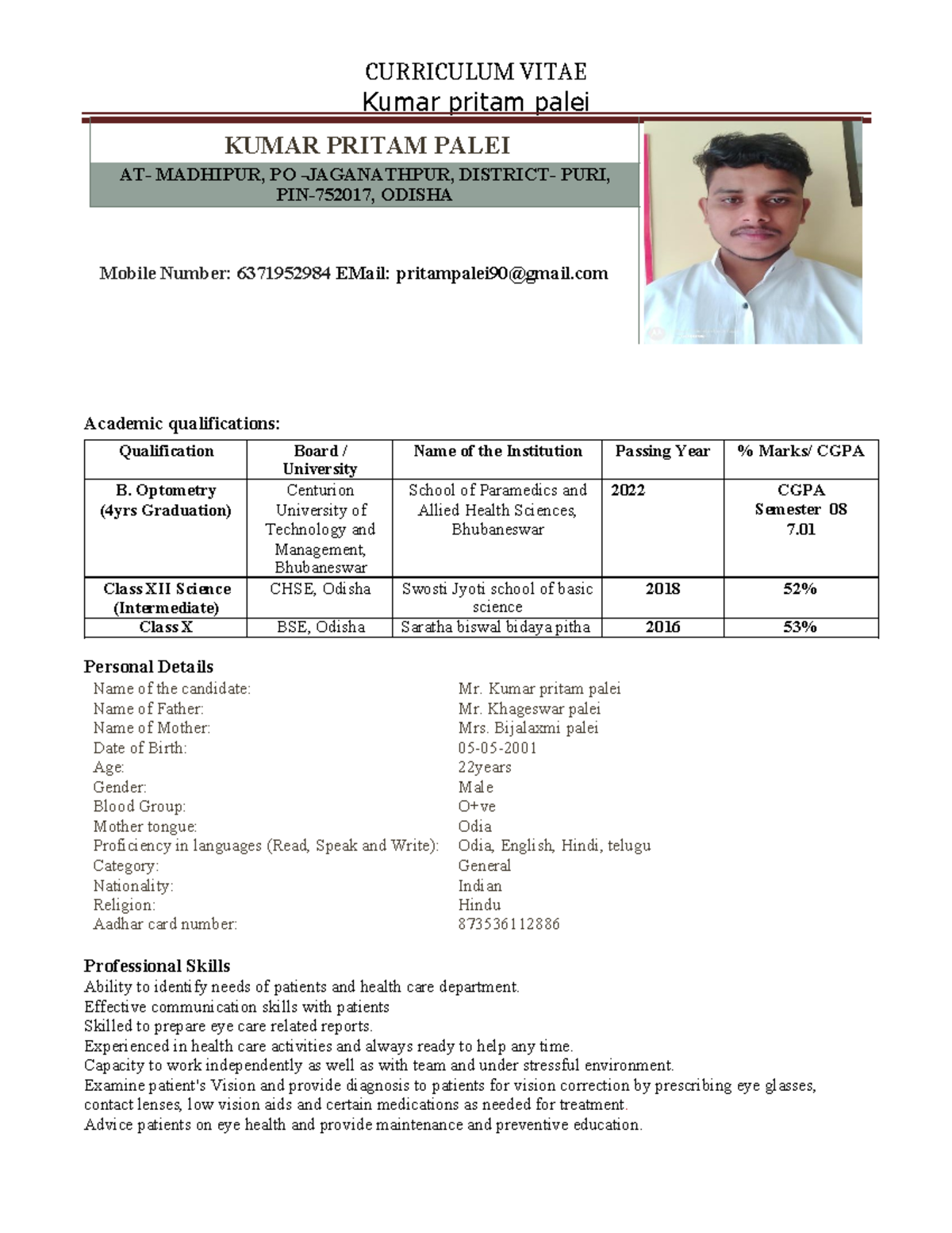 DOC-20230924-WA0006 - CURRICULUM VITAE Kumar pritam palei KUMAR PRITAM PALEI AT- MADHIPUR, PO ...