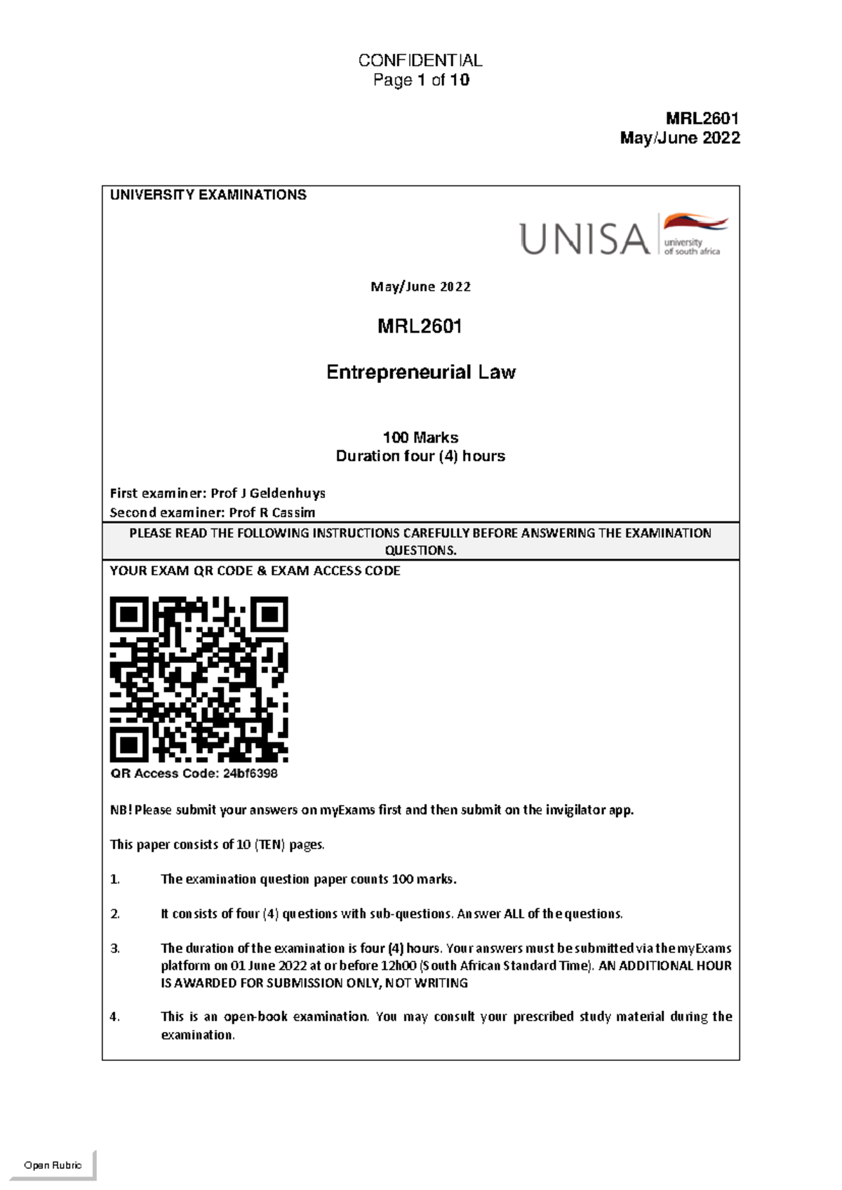 MRL2601 May June 2022 Examination Paper final - Page 1 of 10 MRL May ...