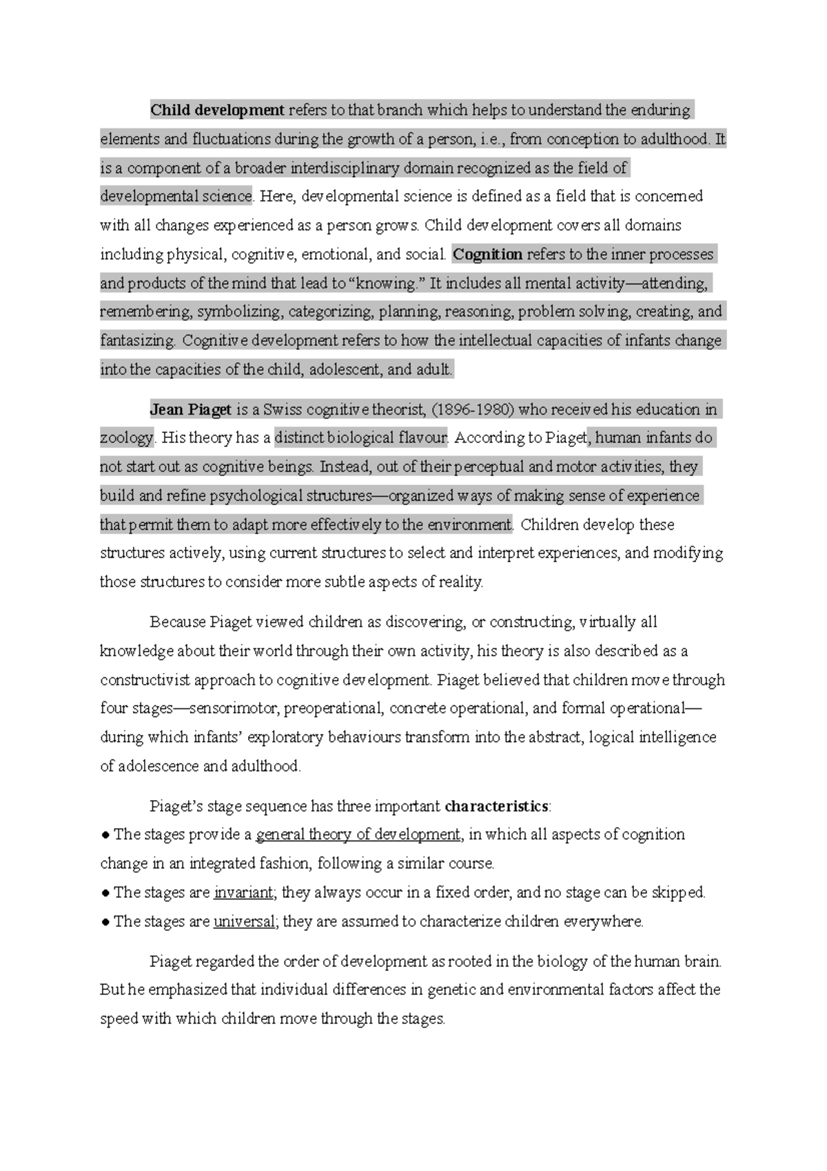 Piaget notes - great wrk - Child development refers to that branch ...
