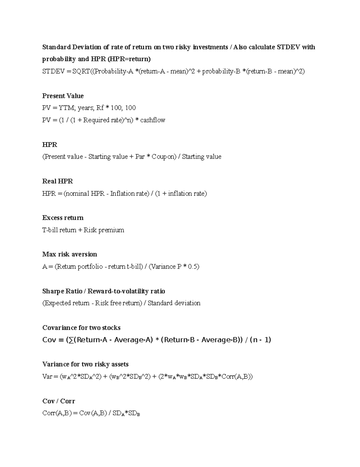 Formula sheet Portfolio choice theory - Standard Deviation of rate of ...