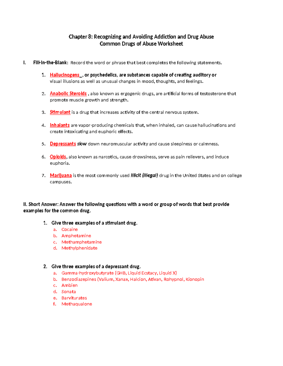 Chapter 8 - Common Drugs Worksheet - Answer Sheet - Fall 2023 - Chapter ...