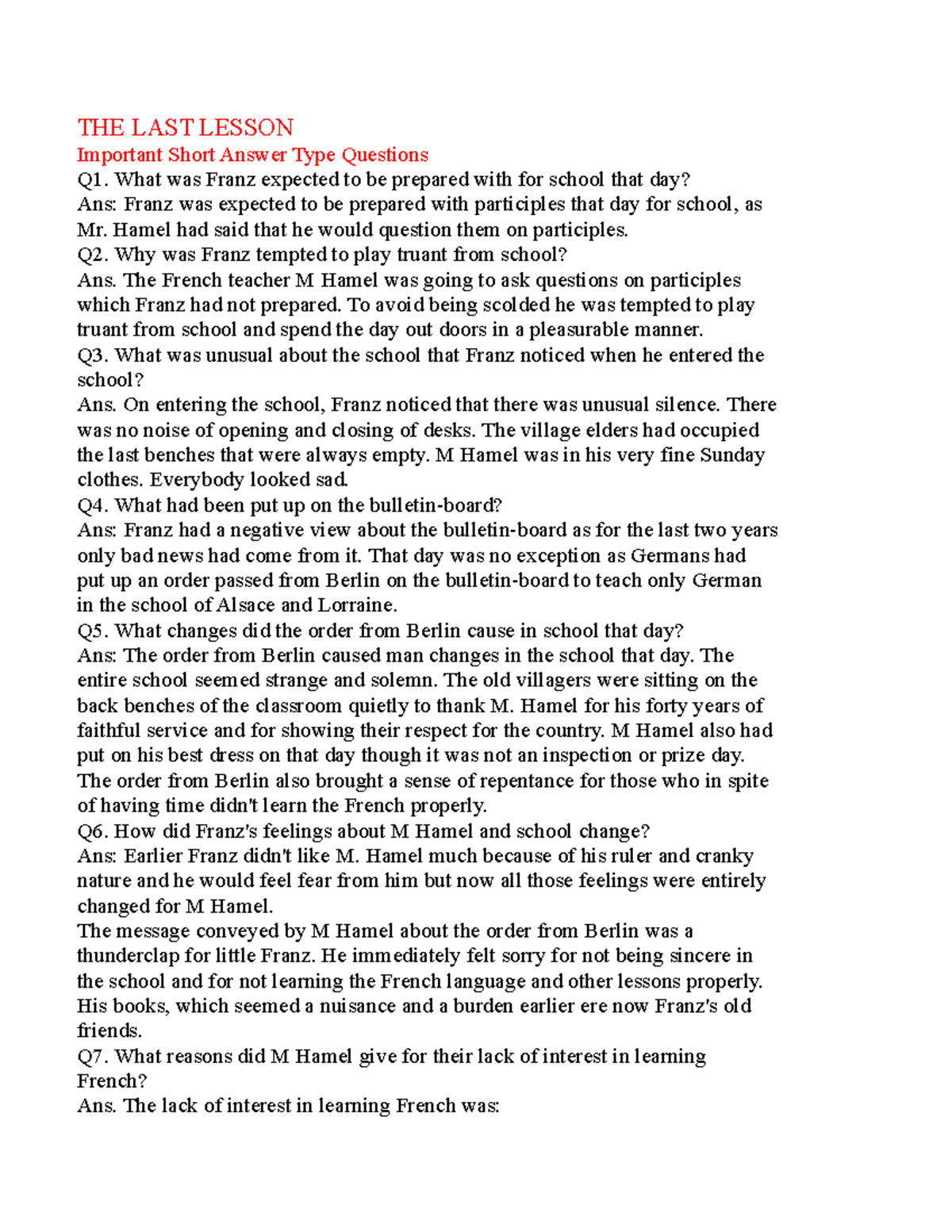 THE LAST Lesson(Q - QUESTION ANSWERS THE LAST LESSON - THE LAST LESSON ...