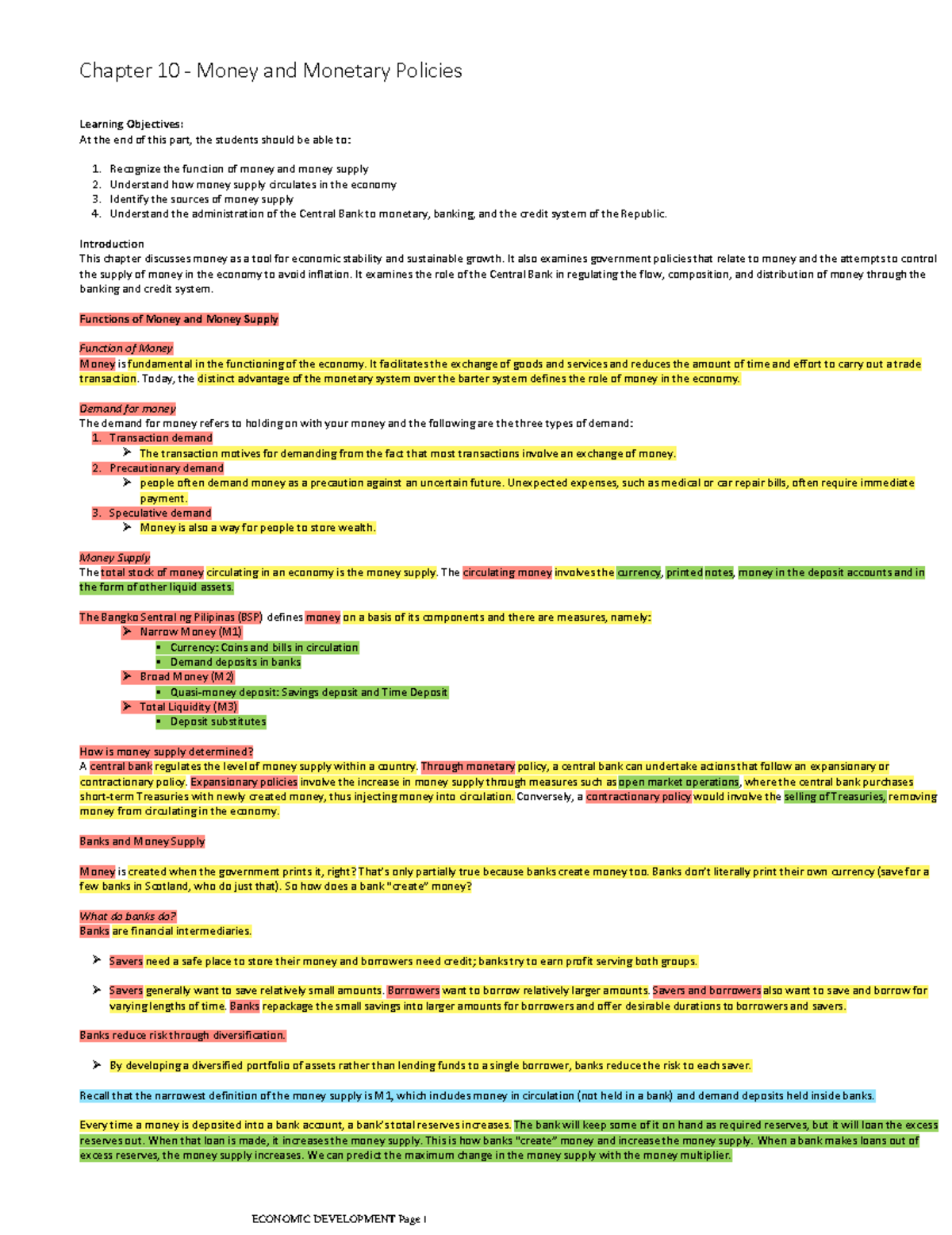 Moneya nd Monetary Policies - Learning Objectives: At the end of this ...