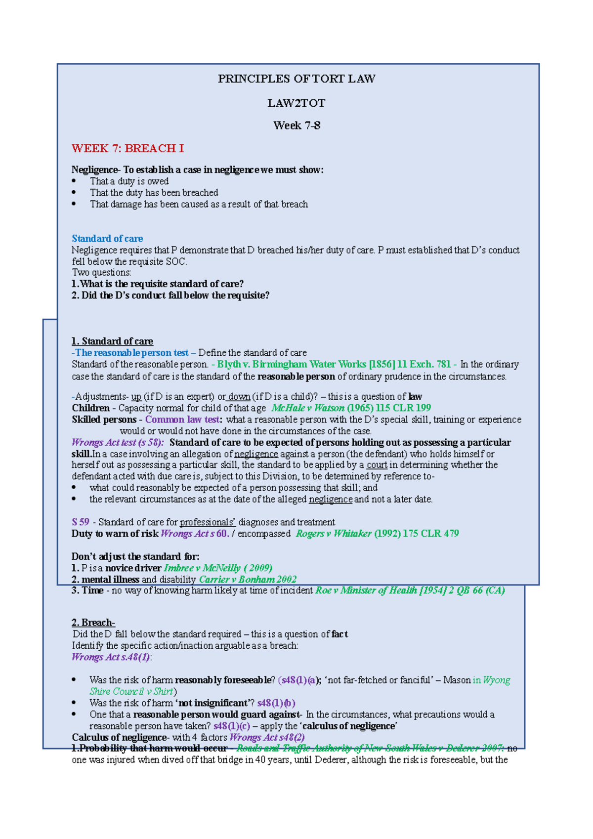 Principles OF TORT LAW Weeks 7-8 - PRINCIPLES OF TORT LAW LAW2TOT Week ...