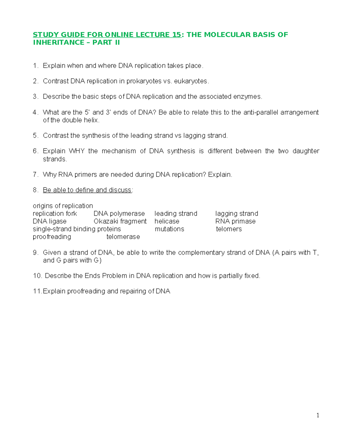 Study guide for Lecture 15 The molecular basis of inheritance Part II - STUDY GUIDE FOR ONLINE ...