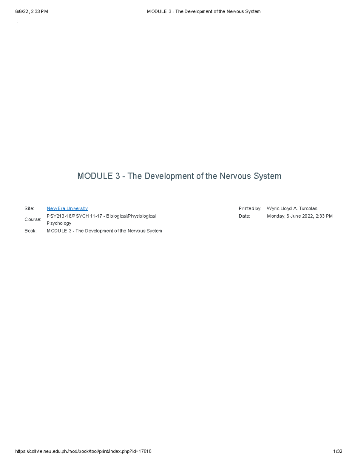 Module 3 - The Development of the Nervous System - ; MODULE 3 - The Development of the Nervous ...