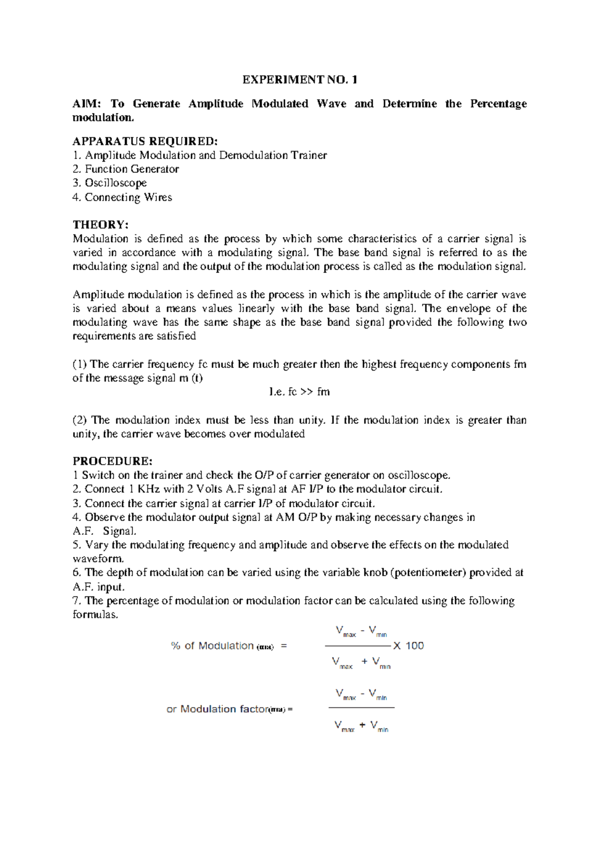 Adc lab 1 - adc - EXPERIMENT NO. 1 AIM: To Generate Amplitude Modulated ...