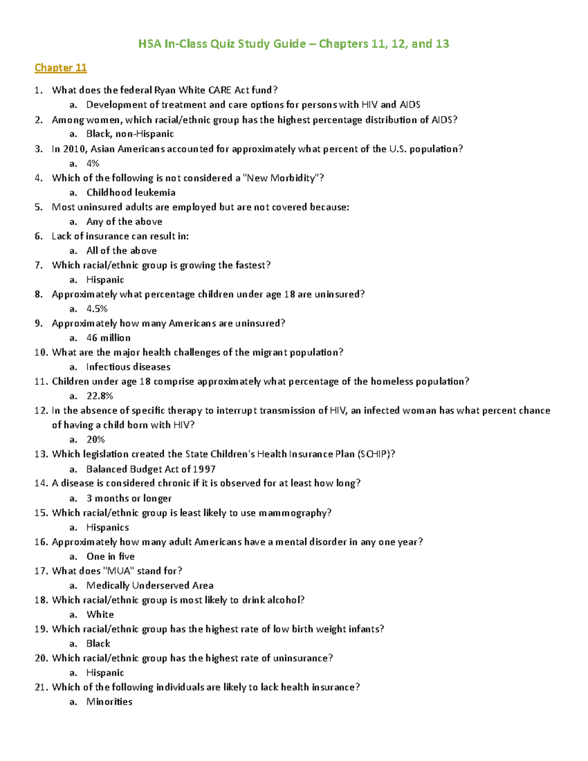 Quiz study guide HSA - HSA In-Class Quiz Study Guide – Chapters 11, 12 ...