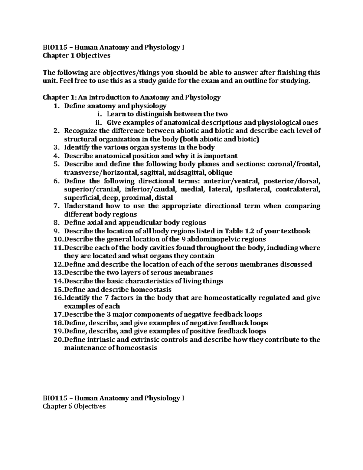 Chapter 5 Objectives - exam - BIO11 5 – Human Anatomy and Physiology I Chapter 1 Objectives The ...