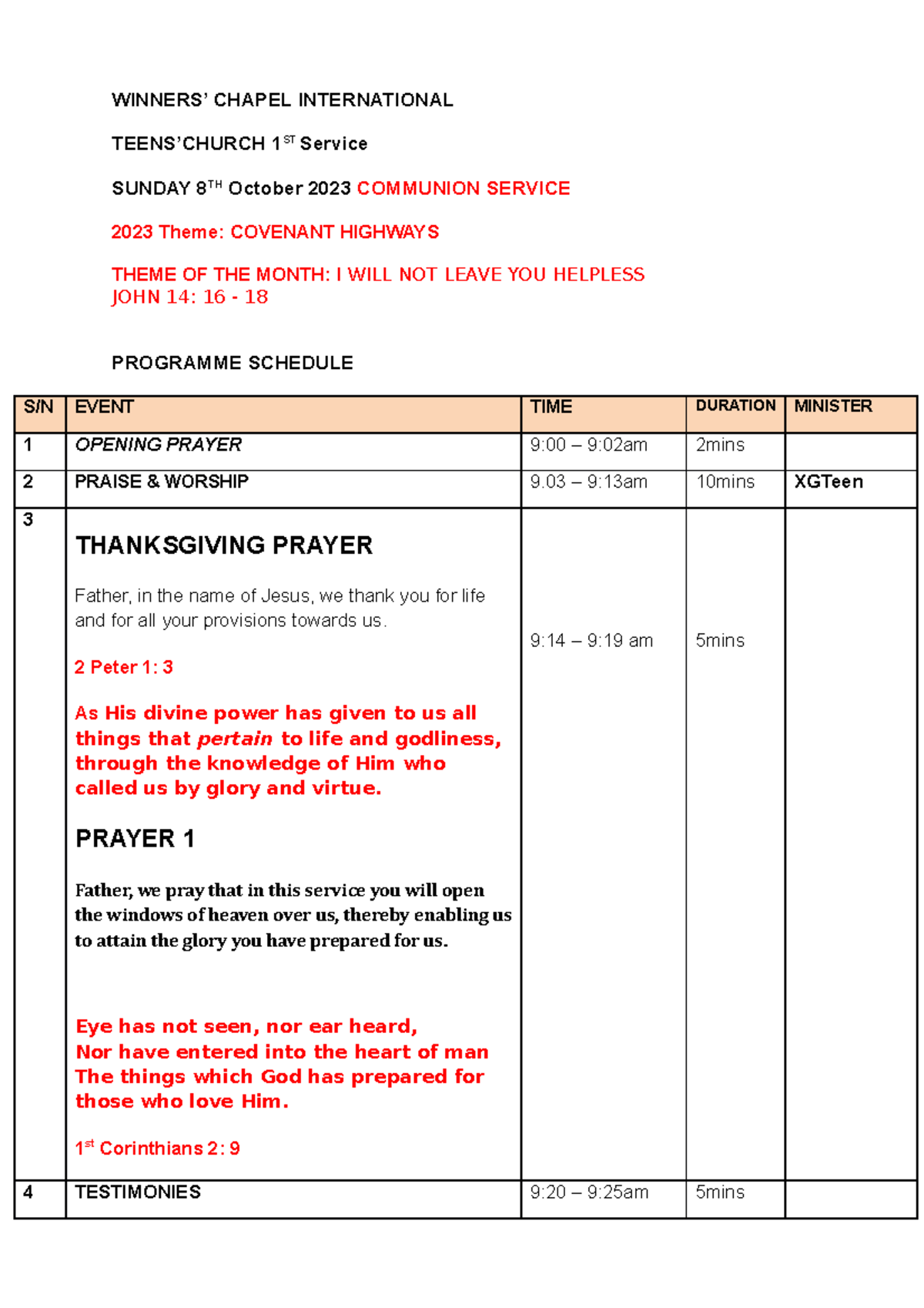 Teens church 1st Sunday Service outline 08102023 - WINNERS’ CHAPEL ...