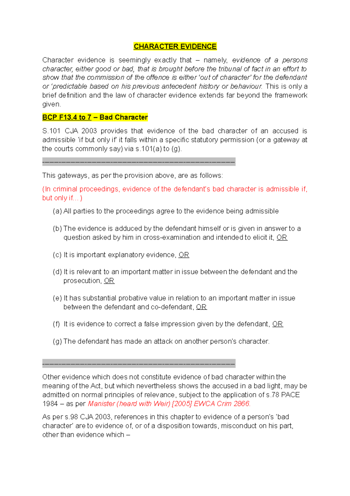 Crimlit 12 - Character Evidence - CHARACTER EVIDENCE Character evidence ...