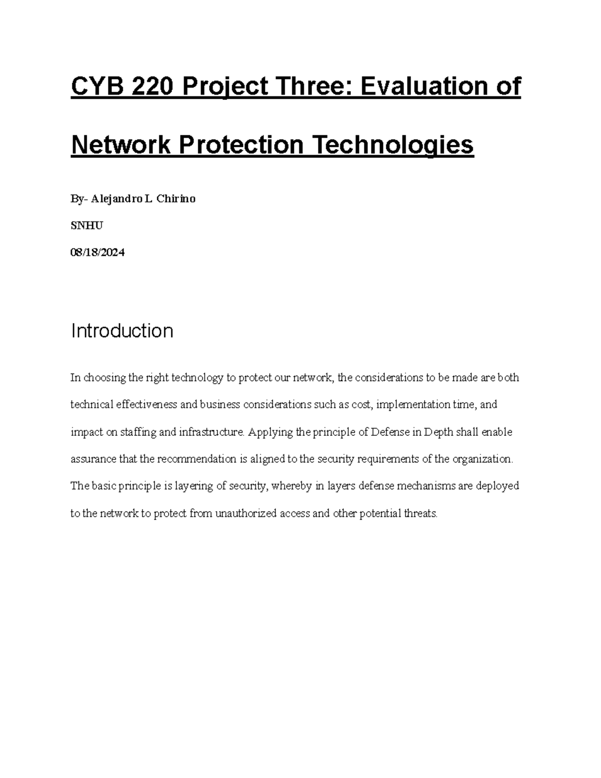 CYB 220 Project Three Evaluation of Network Protection Technologies Alejandro Chirino - Applying ...