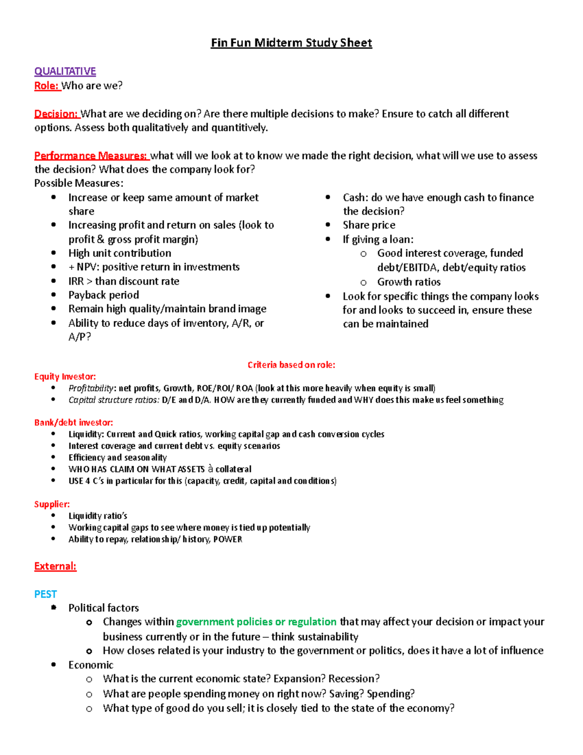 Fin Fun-Midterm-Cheatsheet - Fin Fun Midterm Study Sheet QUALITATIVE ...