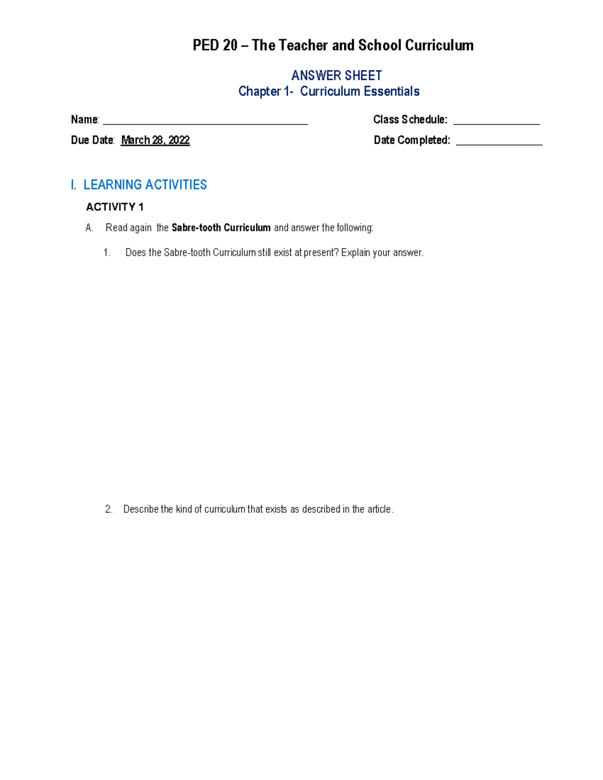 PED 20- Chapter 1 Answer Sheet-2 - PED 20 – The Teacher and School ...