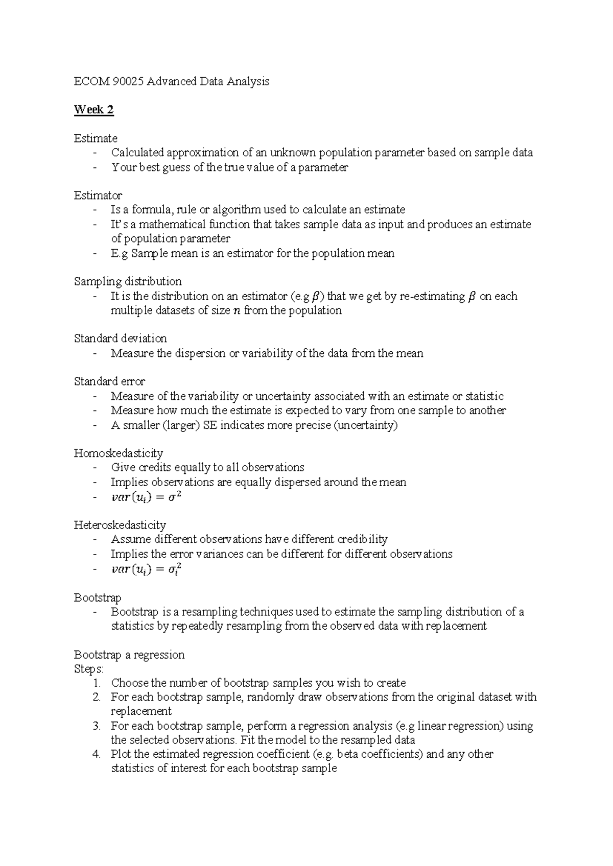 ECOM 90025 Notes - ECOM 90025 Advanced Data Analysis Week 2 Estimate ...