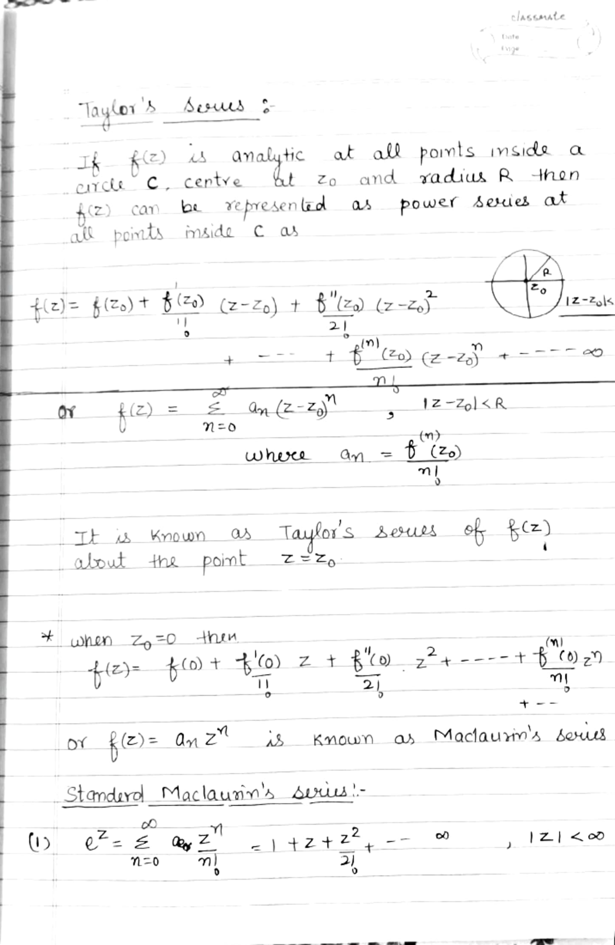 1.Taylor's Series - classmate Date Pinge If f(z) is analytic at all ...