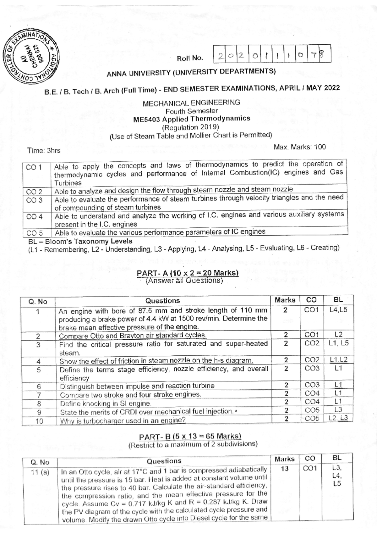 Applied Thermodynamics Endsem QP - HOMELAND OF TEXAMINATIONS SECURITY 800 Roll No. ANNA ...