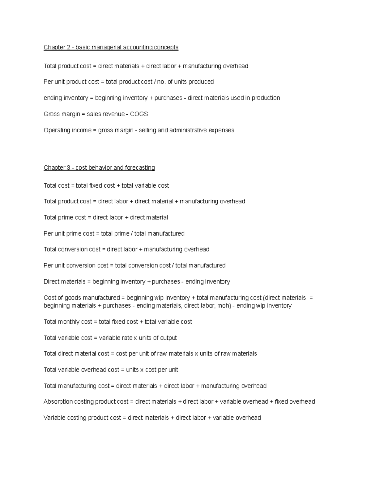 Acct210 formulas - Chapter 2 - basic managerial accounting concepts ...