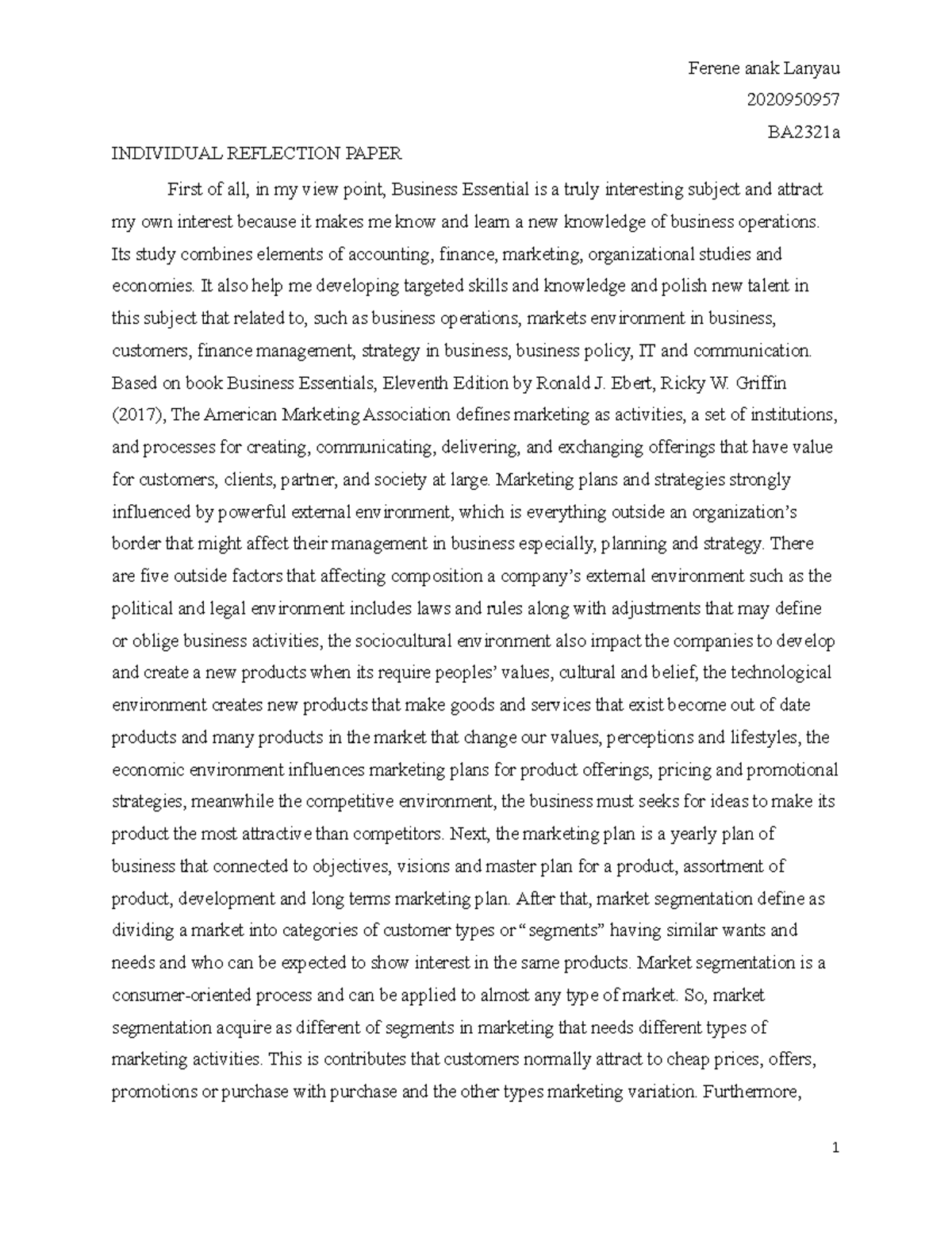 ASM401 FUNDAMENTAL OF BUSINESS REFLECTION PAPER - Ferene anak Lanyau ...