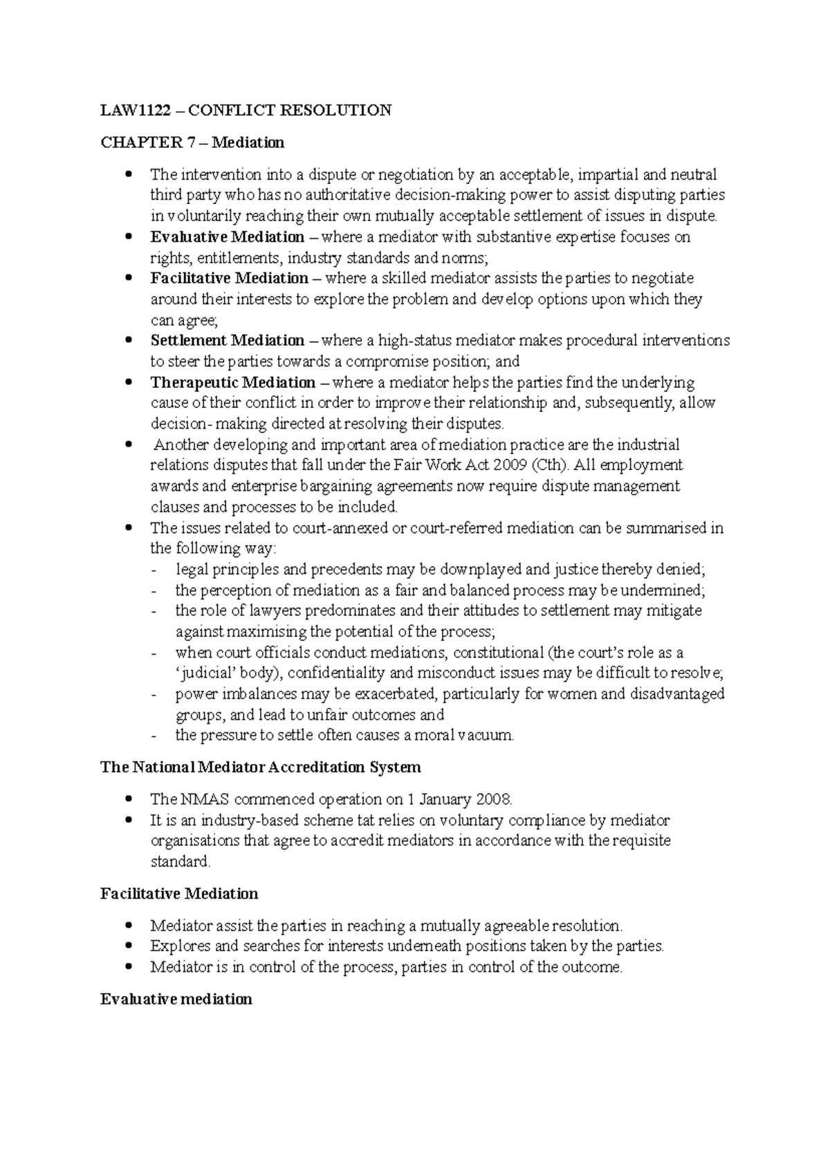 Chapter 7 Notes - LAW1122 - LAW1122 – CONFLICT RESOLUTION CHAPTER 7 ...
