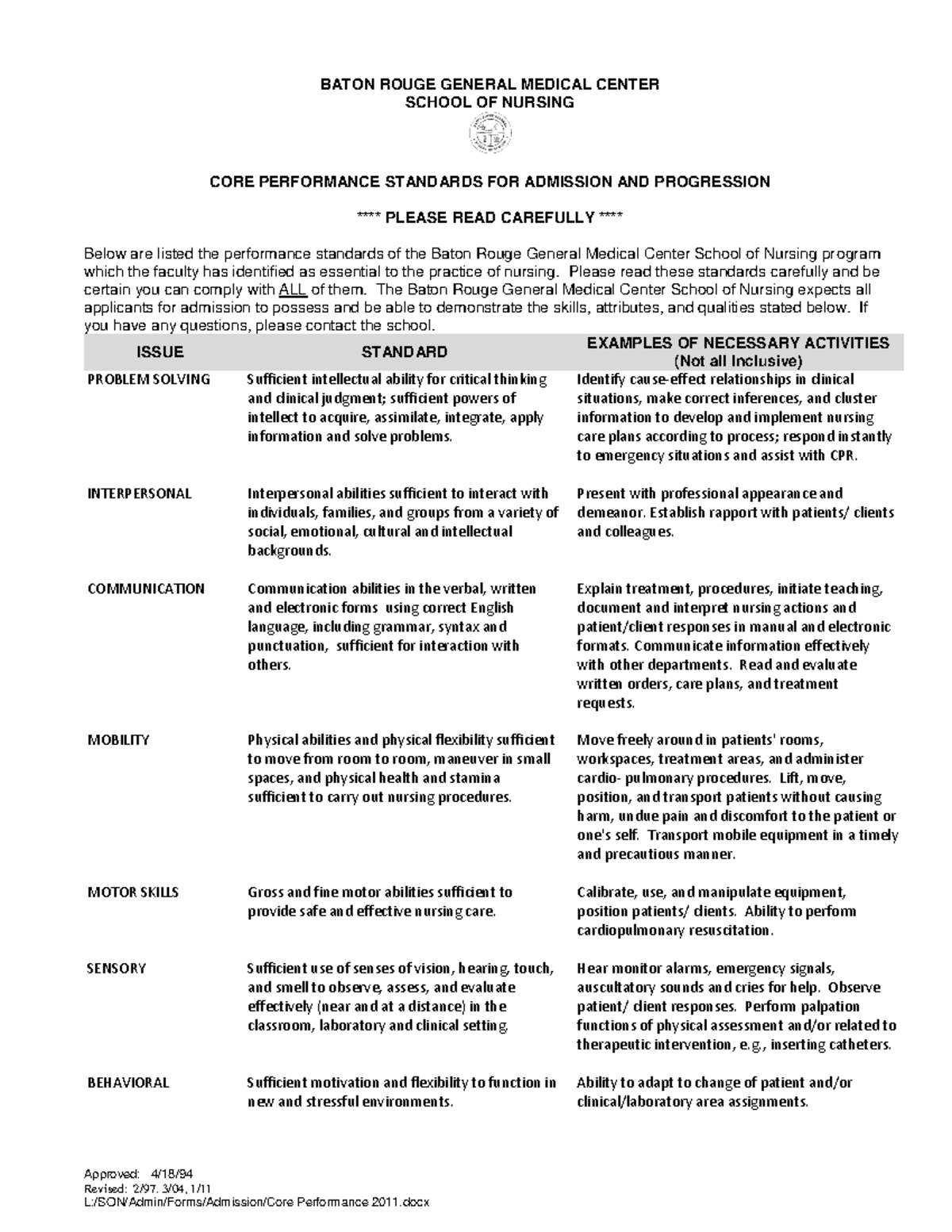 Core-Performance-Standards - Approved: 4/18/ Revised: 2/97. 3/04, 1 ...