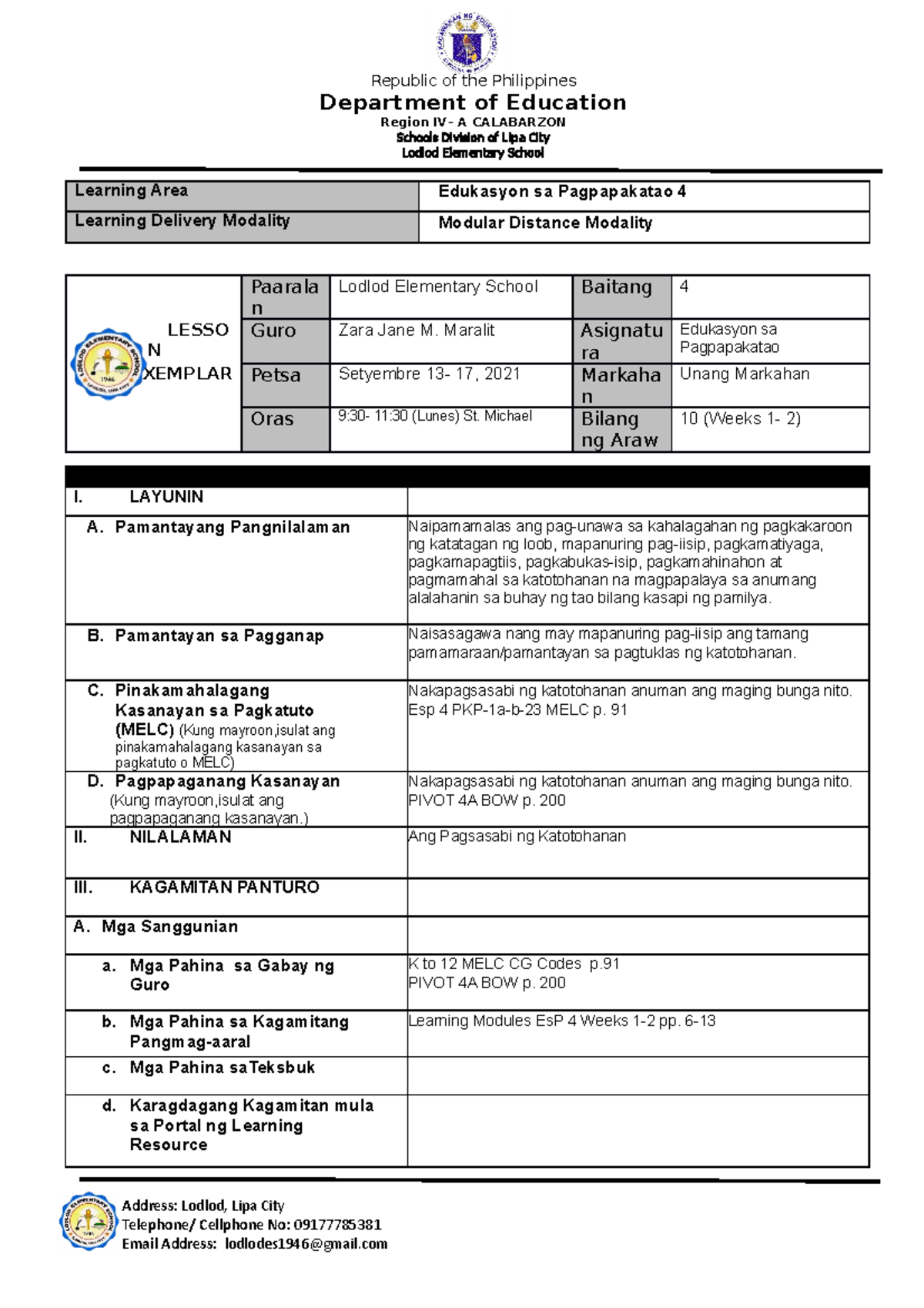 Q1 ESP-4 Lesson- Exemplar WEEK-1-AND-2 - Department of Education Region ...