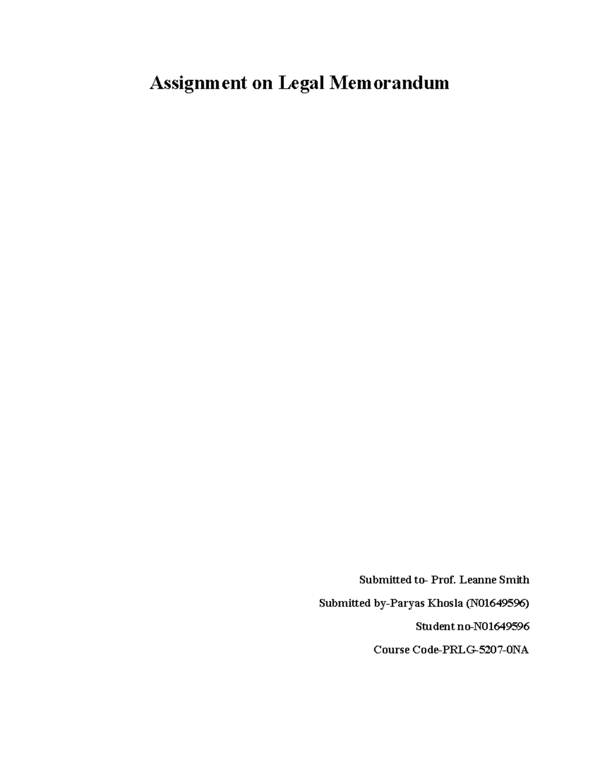 Legal Memorandum - law - Assignment on Legal Memorandum Submitted to ...