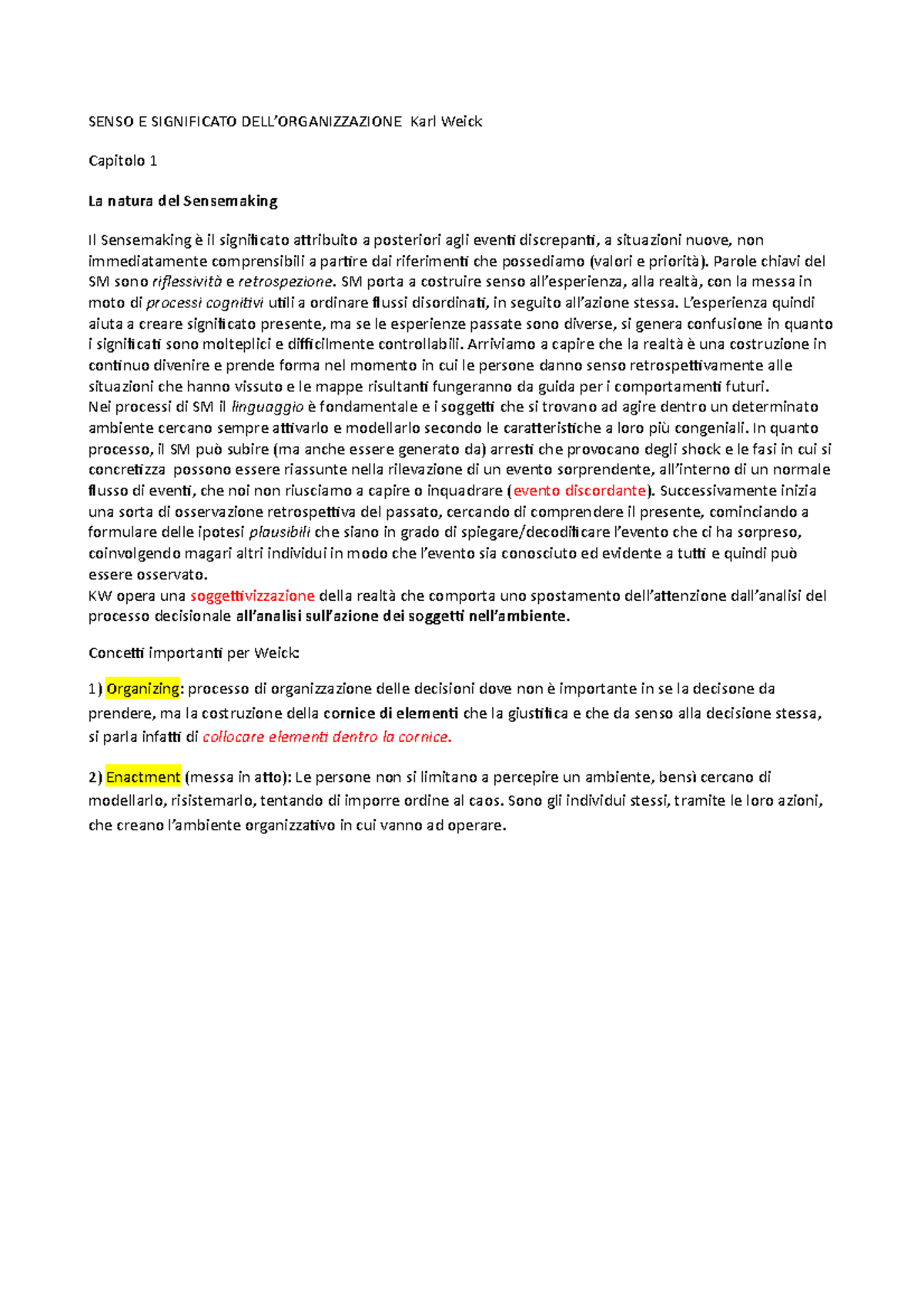 Riassunto Weick integrato - SENSO E SIGNIFICATO DELL’ORGANIZZAZIONE ...