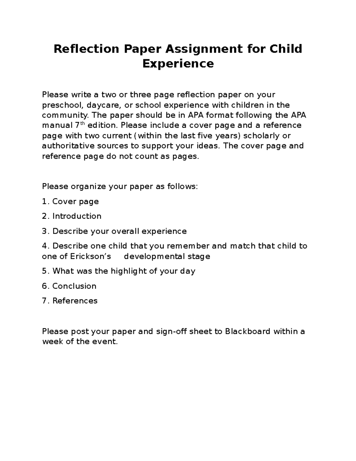 Reflection Paper Assignment for Child Experience - VN 100 - Studocu