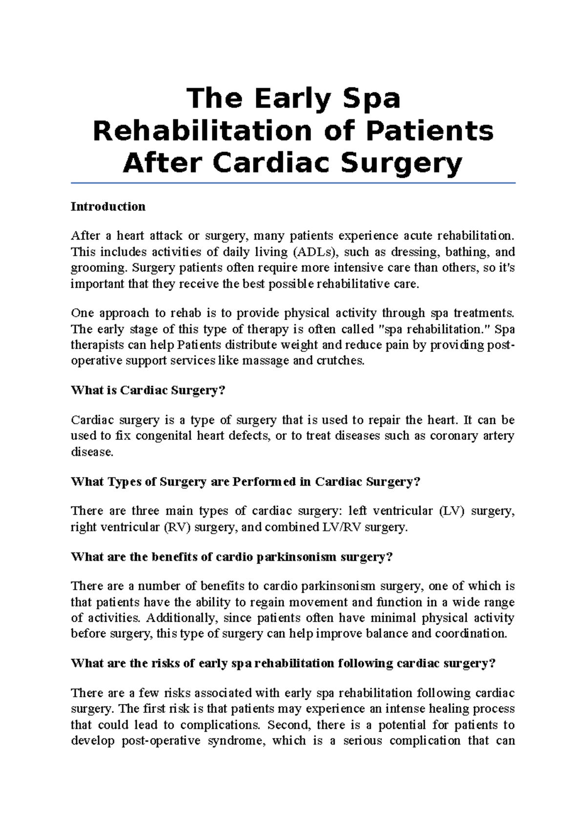 The Early Spa Rehabilitation of Patients After Cardiac Surgery - The ...