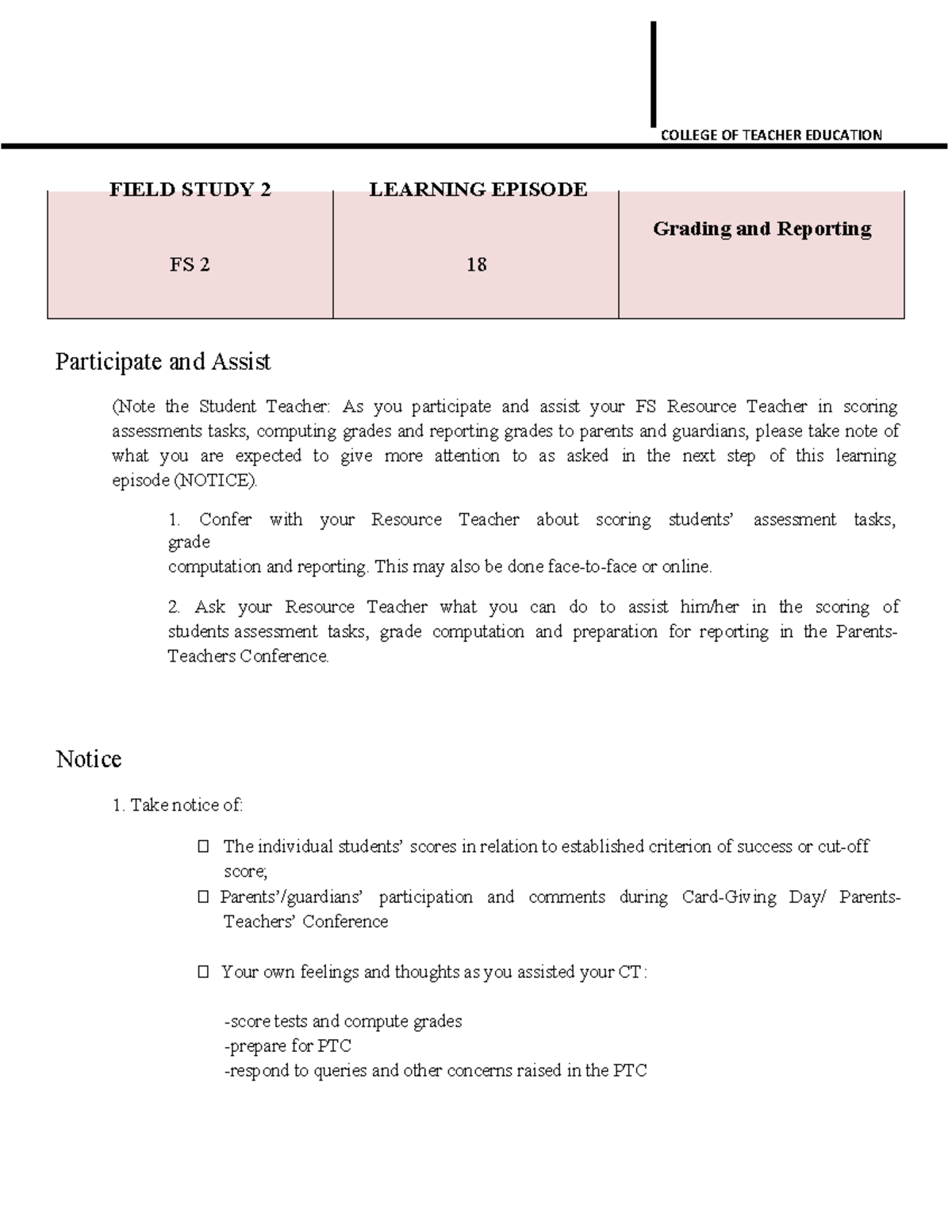 Field Study 2 Ep.18 - COLLEGE OF TEACHER EDUCATION FIELD STUDY 2 LEARNING EPISODE FS 2 18 ...