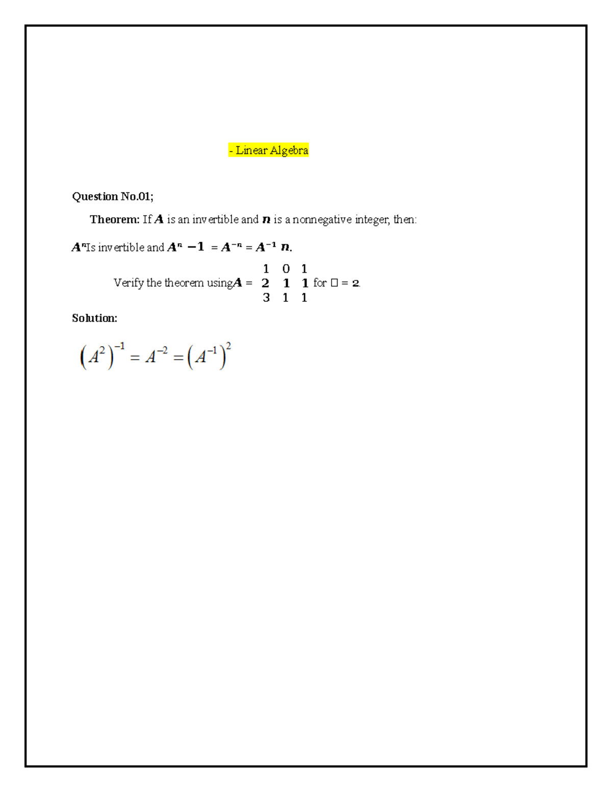 Linear Algebra - Linear Algebra Question No; Theorem: If 𝐀 is an ...