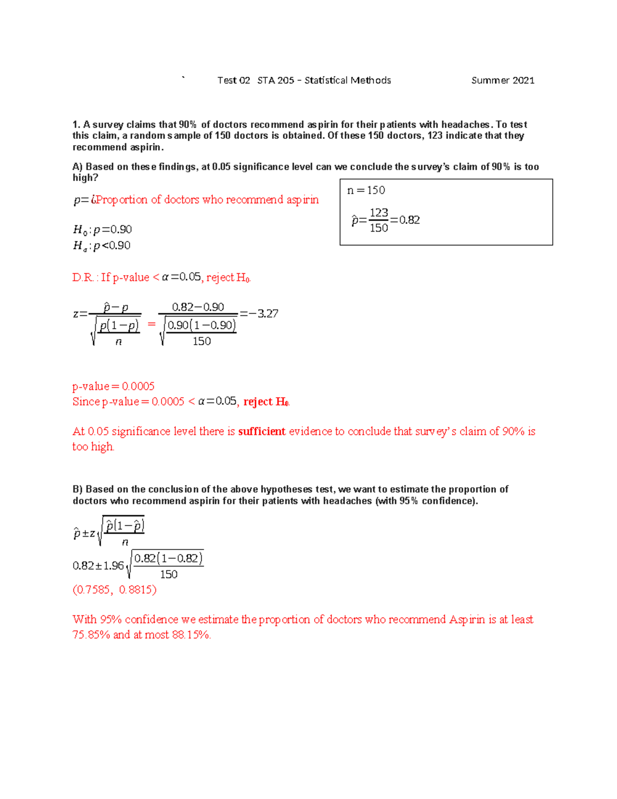 Answer Test 02 Test Test 02 Sta 205 Statistical Methods