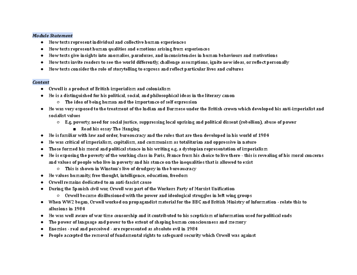 Nineteen Eighty-Four Preparation Document - Module Statement How texts ...