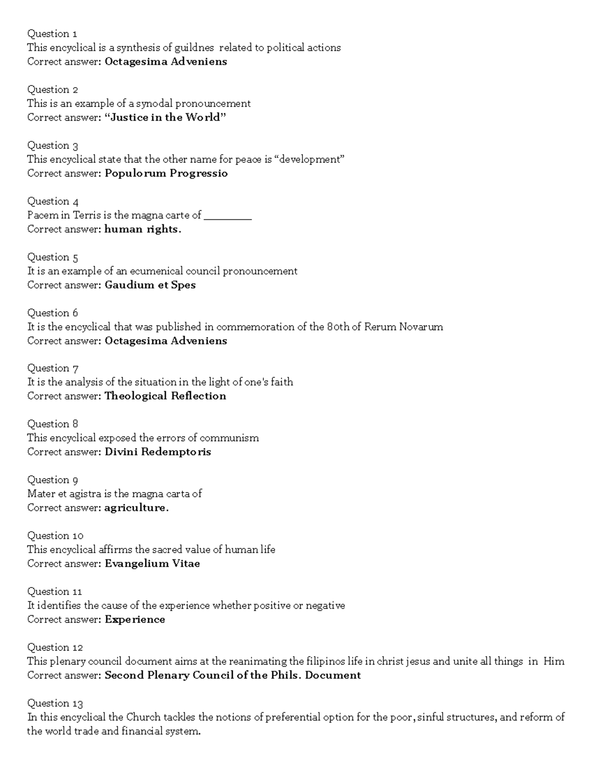 REED EXAM Questions - Question 1 This encyclical is a synthesis of ...
