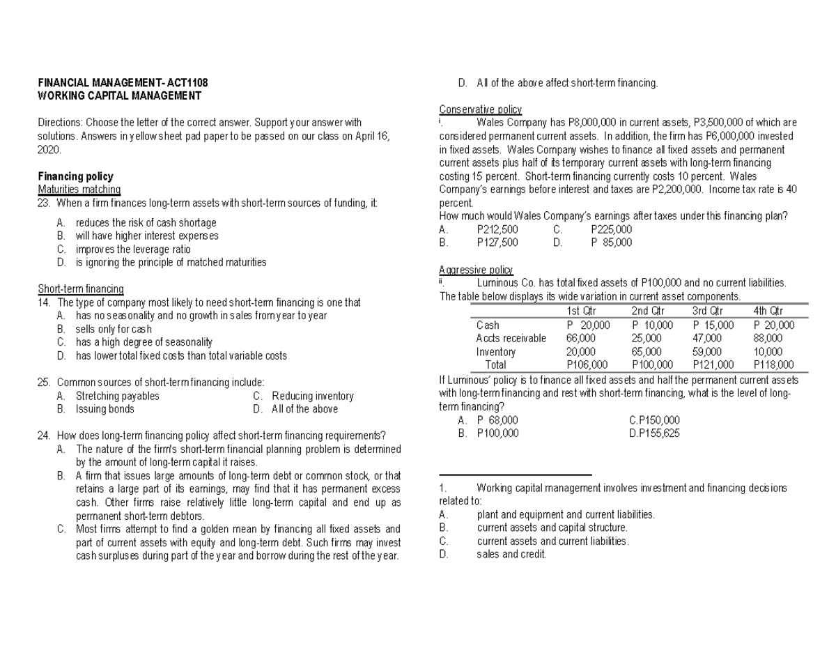 Financial Management - FINANCIAL MANAGEMENT- ACT WORKING CAPITAL ...