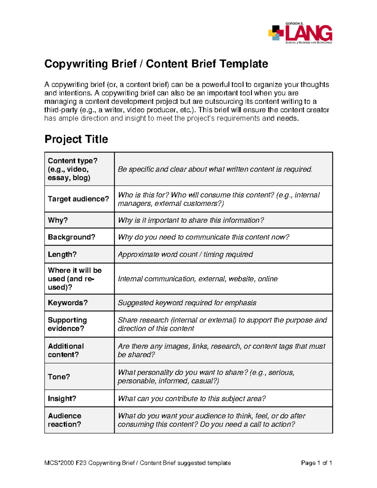 Content Brief sample MCS2000 F23 - MCS*2000 F2 3 Copywriting Brief ...